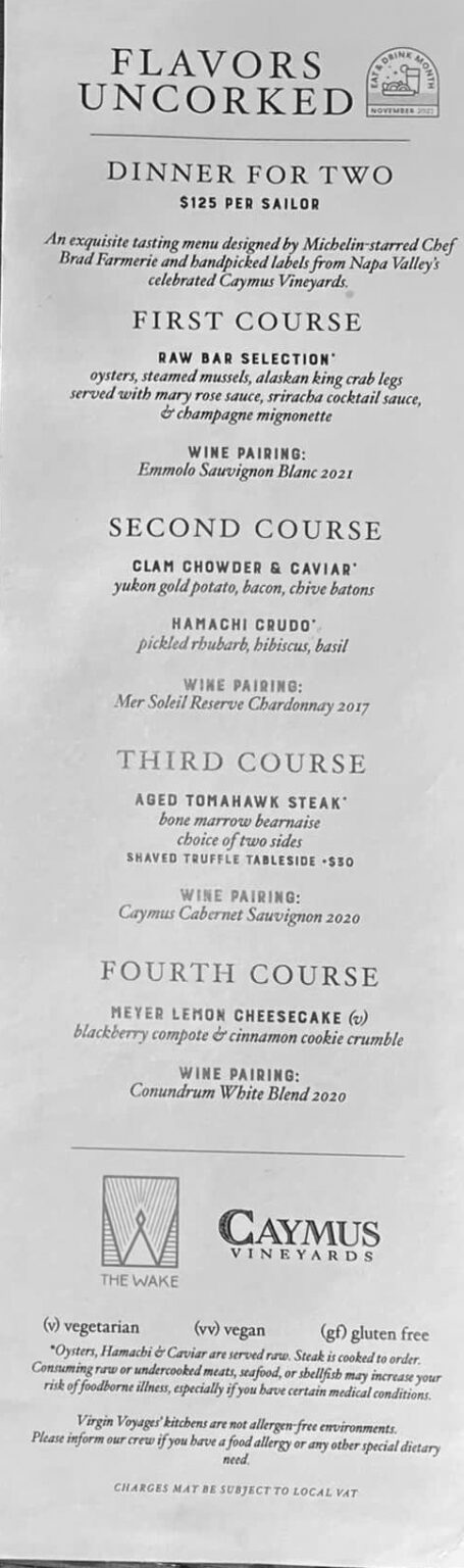 The Wake Virgin Voyages Menu & Wine List | Cruise Gear
