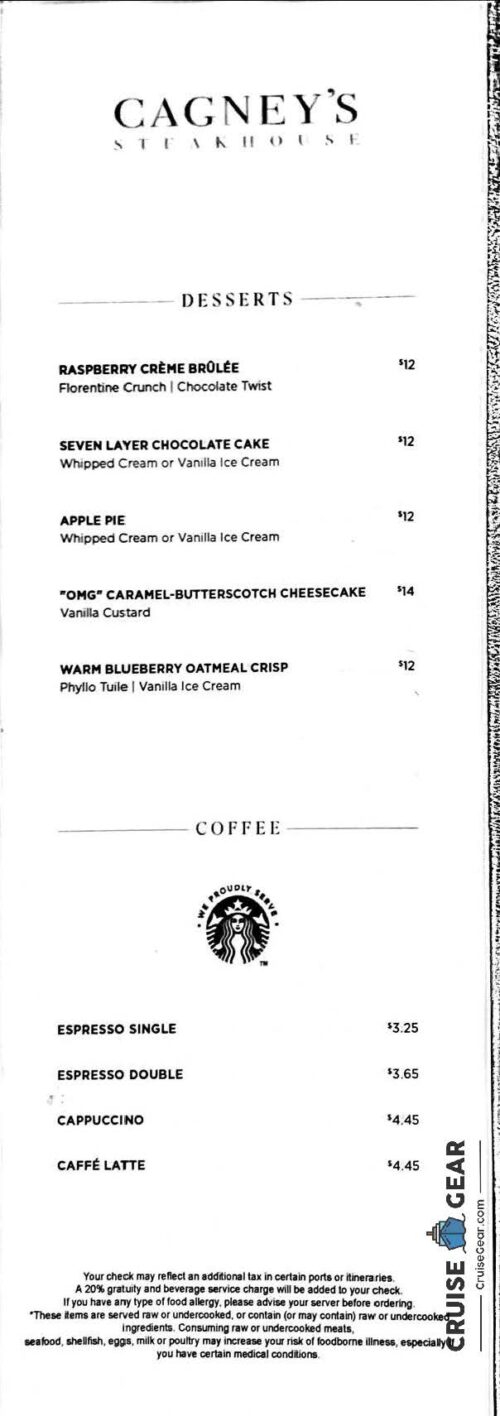 Cagney's Steakhouse NCL Menu & 2025 Prices | Information - Cruise Gear