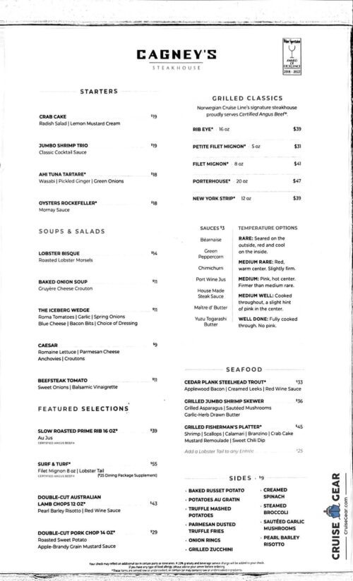 Cagney's Steakhouse NCL Menu & 2025 Prices | Information - Cruise Gear