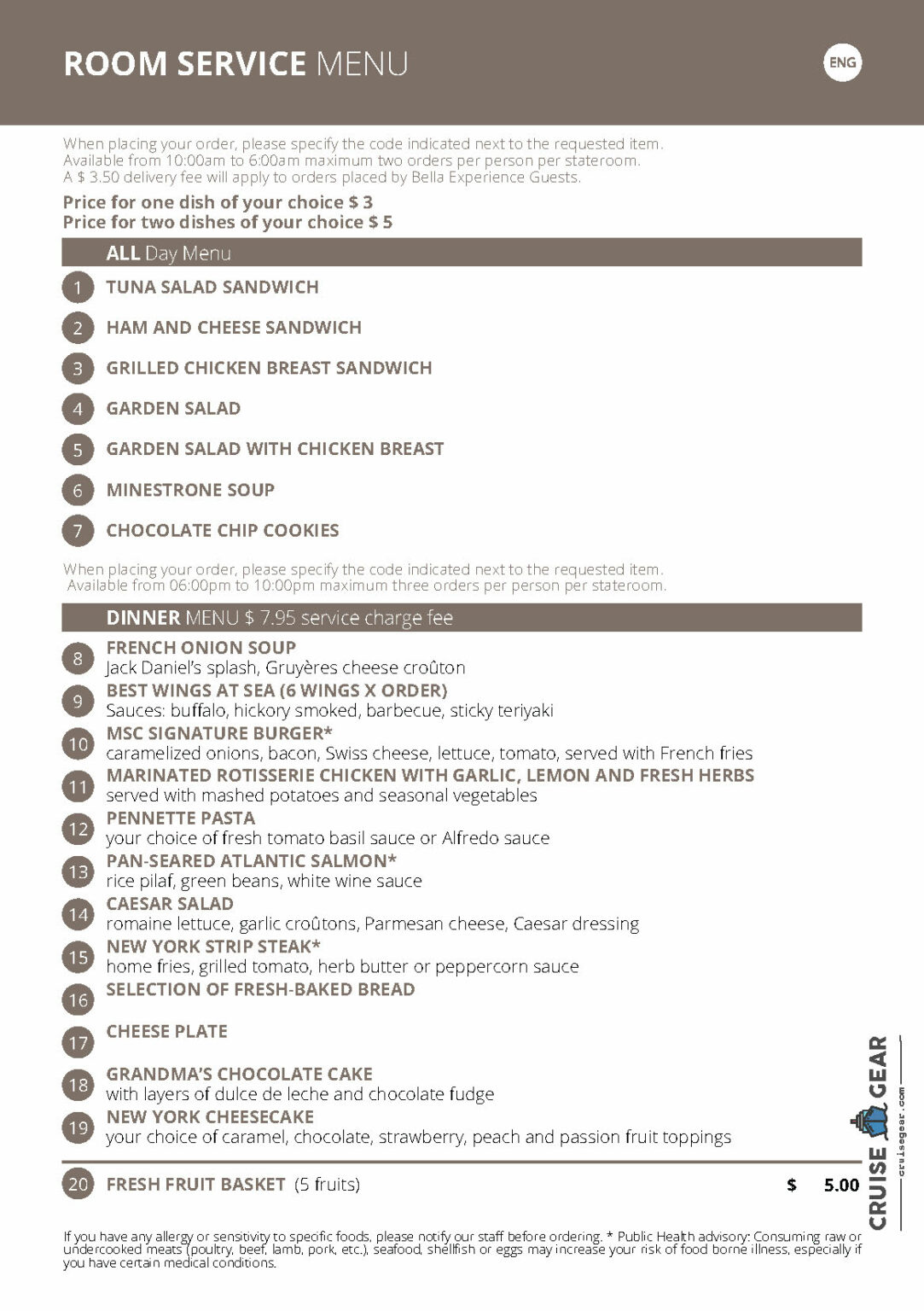 MSC Room Service Menus with Prices 2026 - Cruise Gear