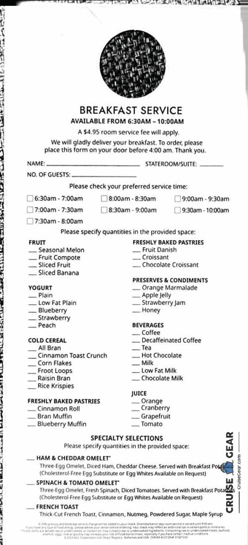NCL Room Service Menu & Prices - Cruise Gear