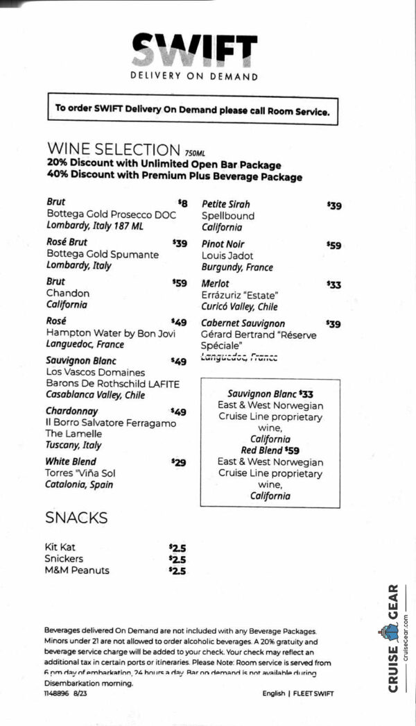 NCL Room Service Menu & Prices - Cruise Gear