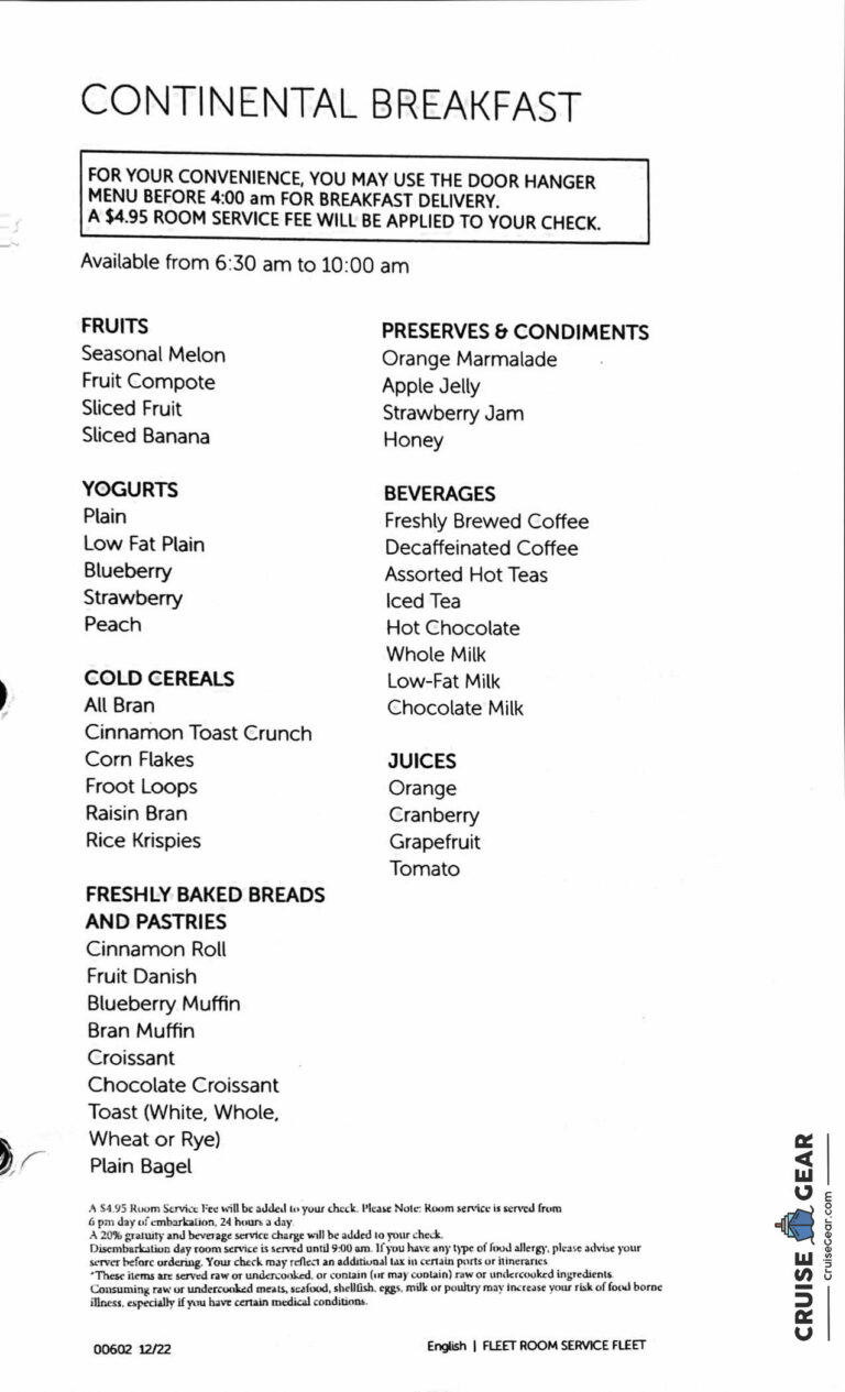 NCL Room Service Menu & Prices - Cruise Gear