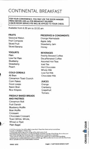 NCL Room Service Menu & Prices - Cruise Gear