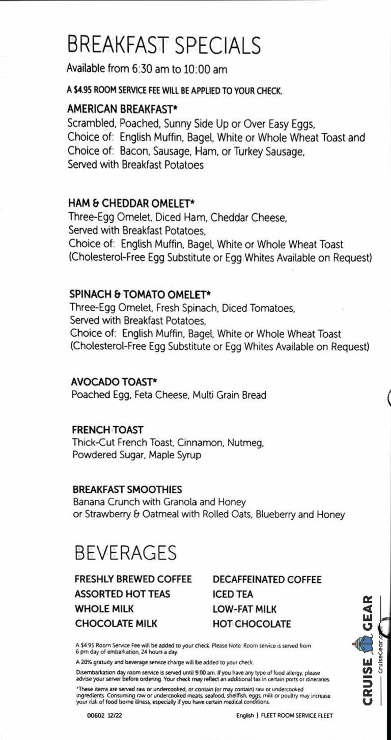 NCL Room Service Menu & Prices - Cruise Gear