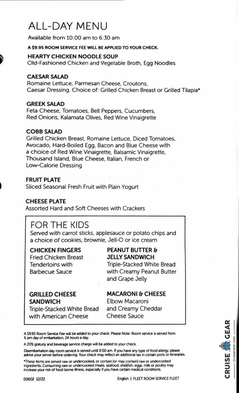 NCL Room Service Menu & Prices - Cruise Gear