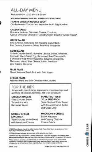NCL Room Service Menu & Prices - Cruise Gear