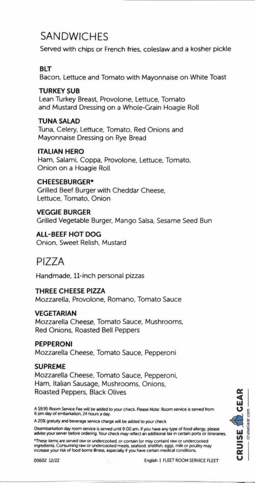 NCL Room Service Menu & Prices - Cruise Gear