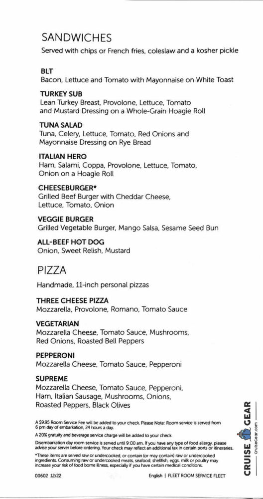 NCL Room Service Menu & Prices - Cruise Gear