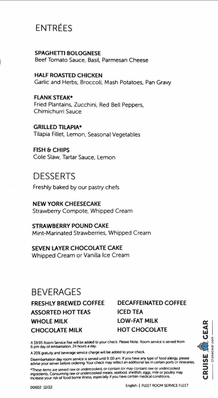 NCL Room Service Menu & Prices - Cruise Gear