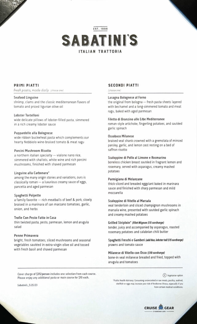 Sabatini's Princess Cruises Menu & Our Review - Cruise Gear
