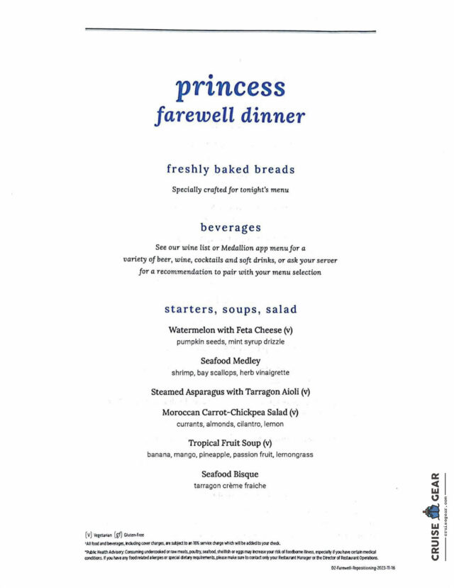 Princess Cruises Main Dining Room Menus & Recent Changes 2025 - Cruise Gear