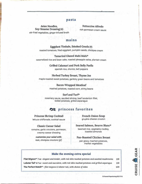 Princess Cruises Main Dining Room Menus & Recent Changes 2026 - Cruise Gear