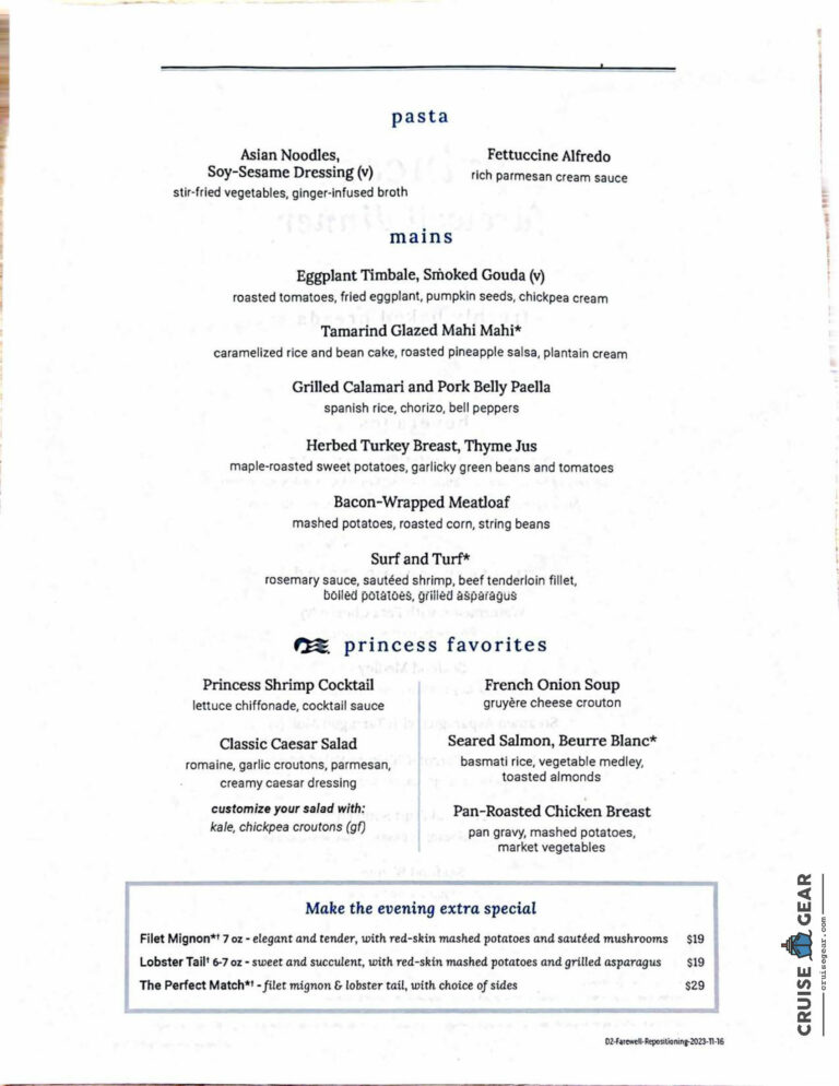 Princess Cruises Main Dining Room Menus & Recent Changes 2025 - Cruise Gear