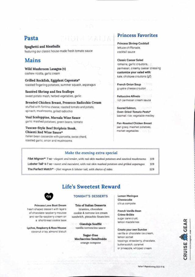Princess Cruises Main Dining Room Menus & Recent Changes 2025 - Cruise Gear