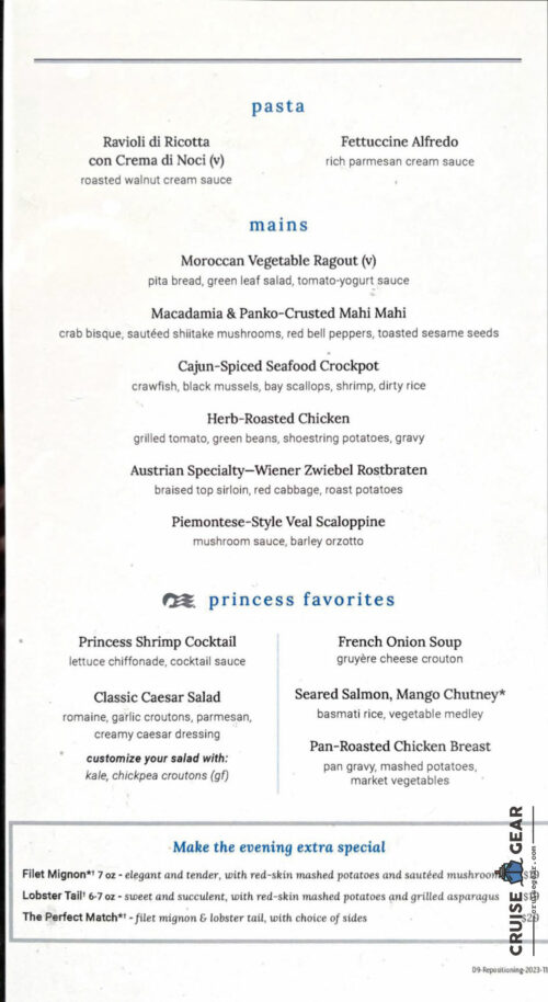 Princess Cruises Main Dining Room Menus & Recent Changes 2025 - Cruise Gear