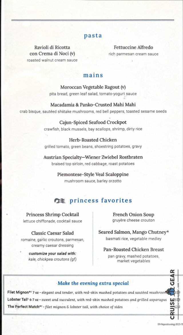 Princess Cruises Main Dining Room Menus & Recent Changes 2026 - Cruise Gear