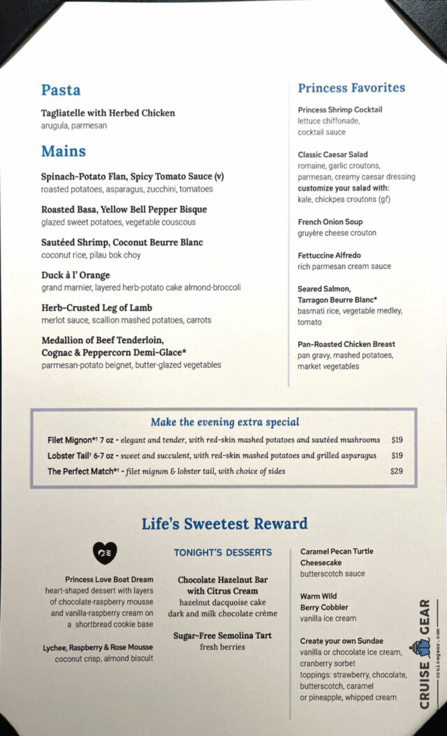 Princess Cruises Main Dining Room Menus & Recent Changes 2025 - Cruise Gear