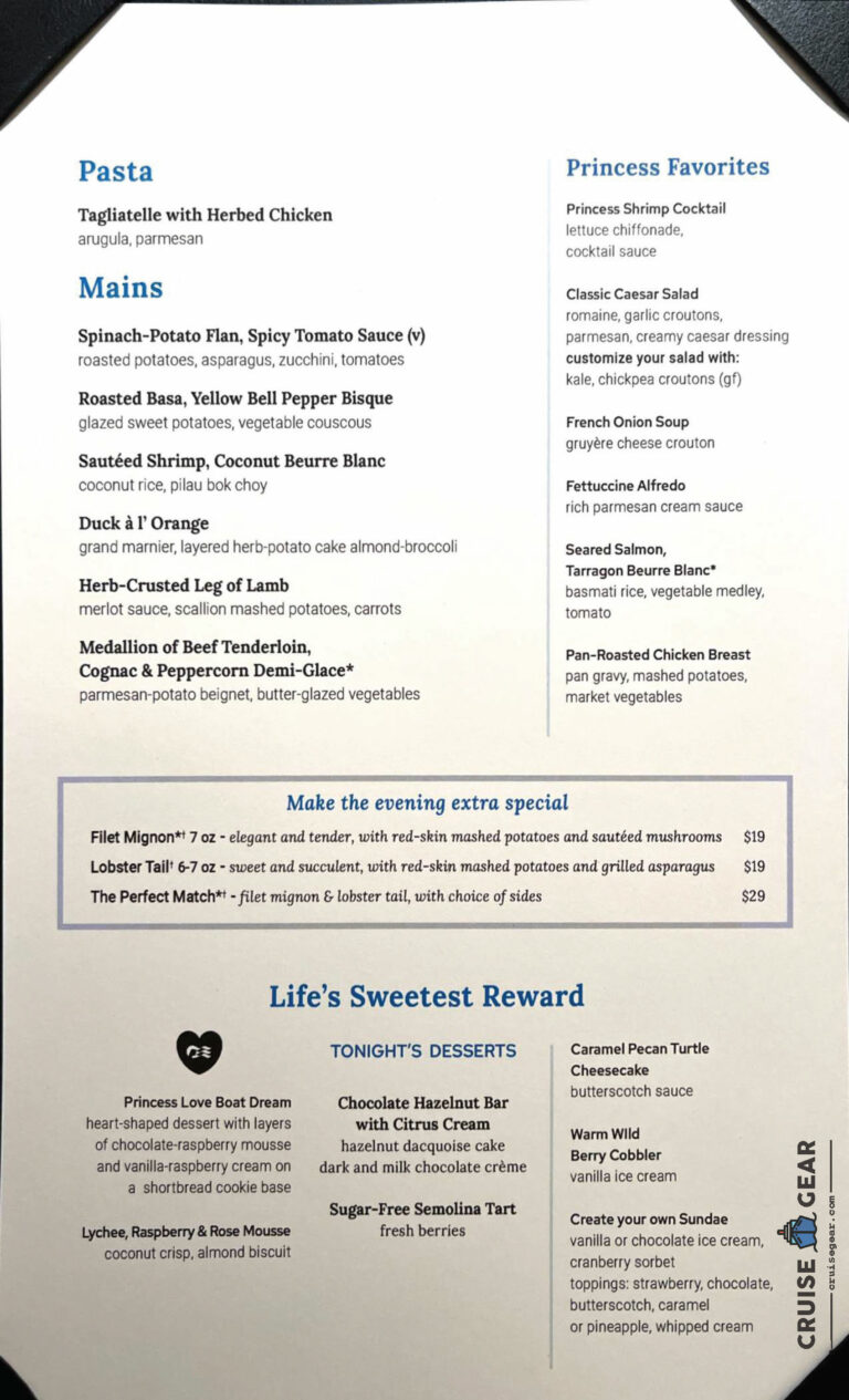 Princess Cruises Main Dining Room Menus & Recent Changes 2025 - Cruise Gear