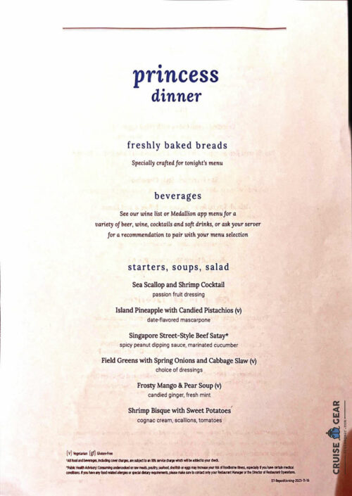 Princess Cruises Main Dining Room Menus & Recent Changes 2025 - Cruise Gear