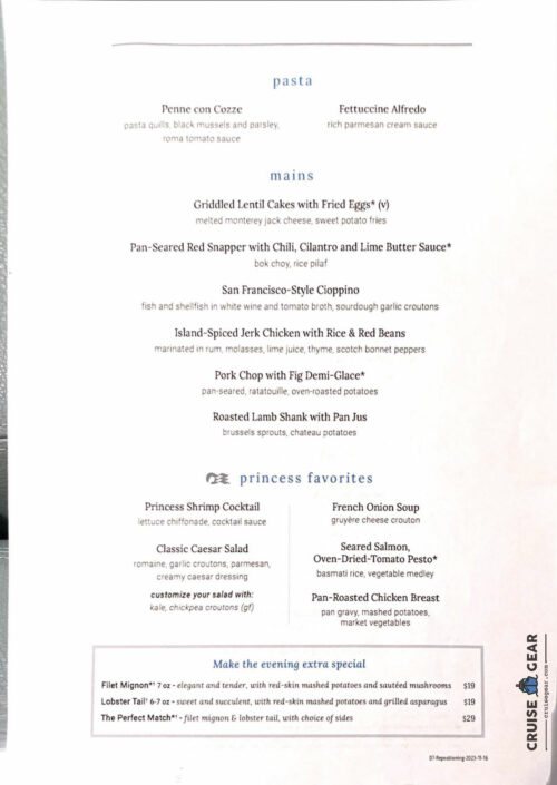 Princess Cruises Main Dining Room Menus & Recent Changes 2026 - Cruise Gear