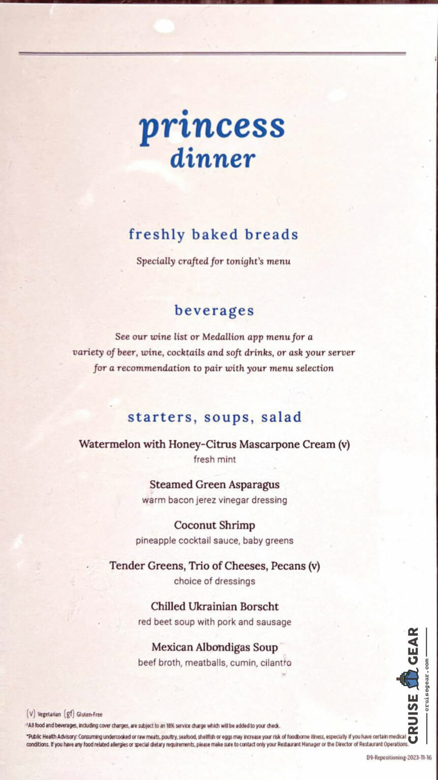 Princess Cruises Main Dining Room Menus & Recent Changes 2025 - Cruise Gear