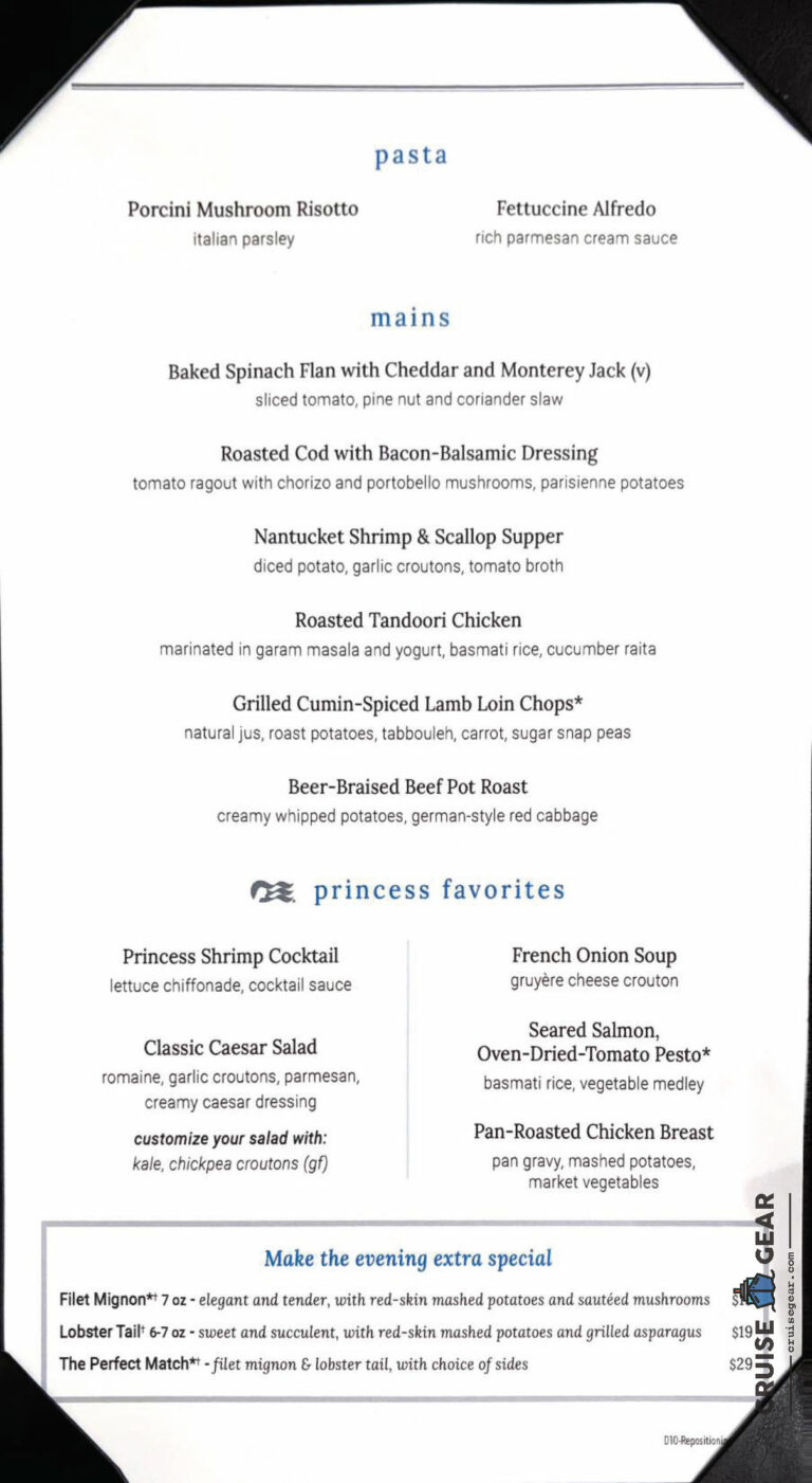 Princess Cruises Main Dining Room Menus & Recent Changes 2026 - Cruise Gear