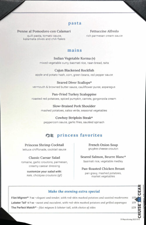 Princess Cruises Main Dining Room Menus & Recent Changes 2025 - Cruise Gear