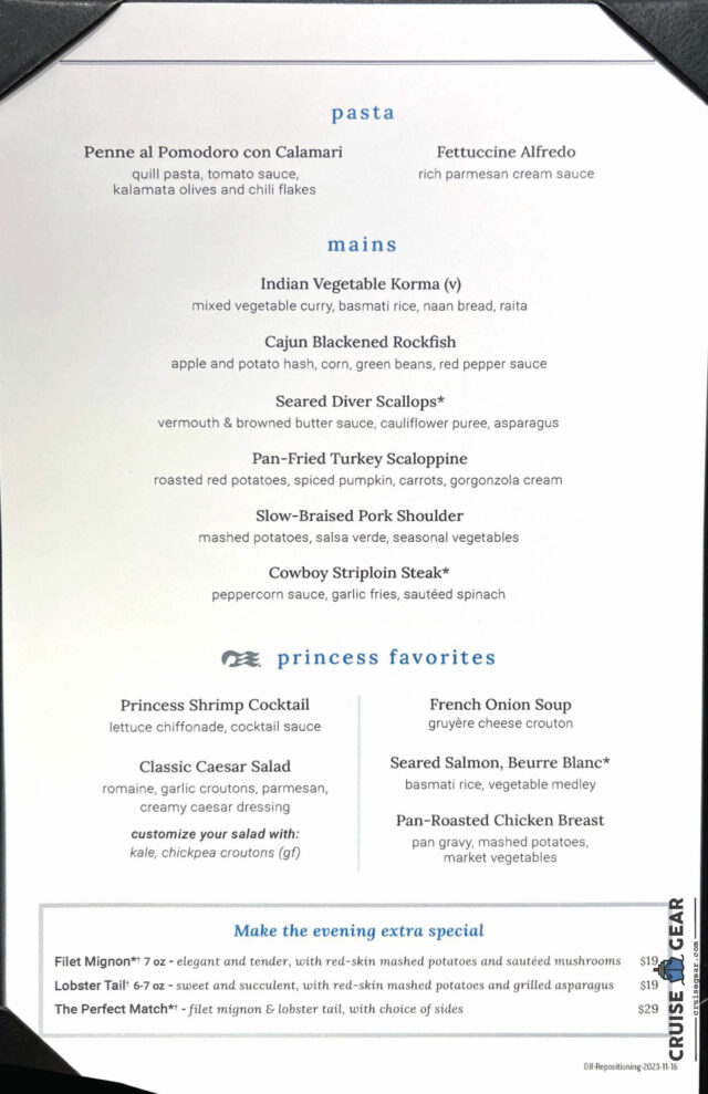 Princess Cruises Main Dining Room Menus & Recent Changes 2026 - Cruise Gear