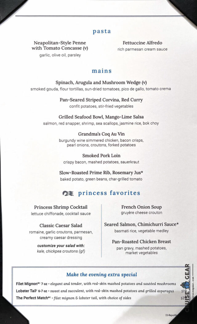 Princess Cruises Main Dining Room Menus & Recent Changes 2025 - Cruise Gear