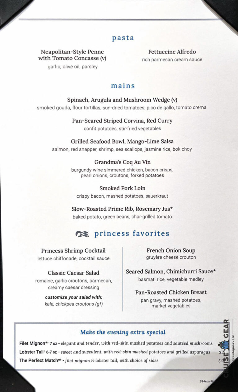 Princess Cruises Main Dining Room Menus & Recent Changes 2025 - Cruise Gear
