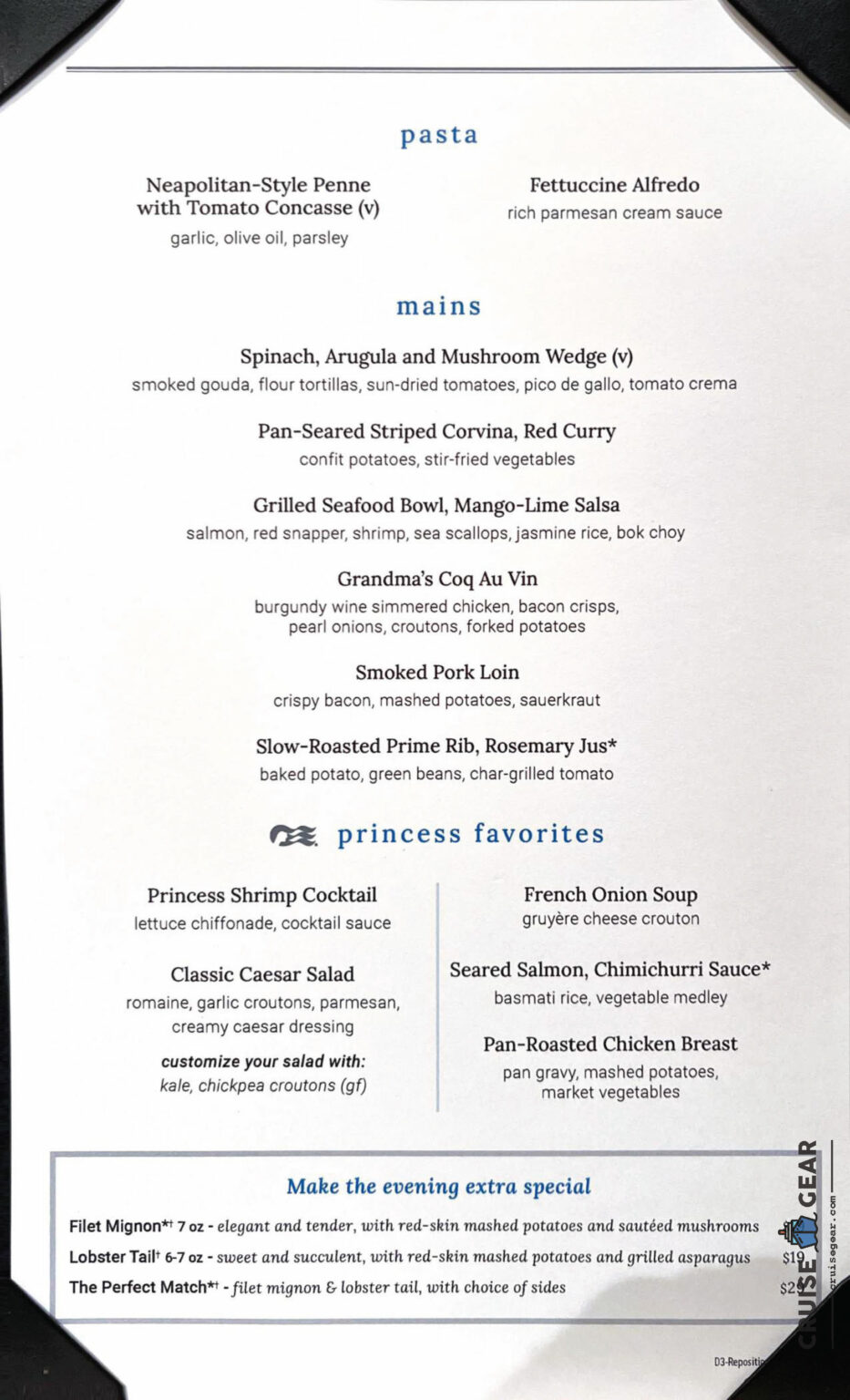 Princess Cruises Main Dining Room Menus & Recent Changes 2026 - Cruise Gear