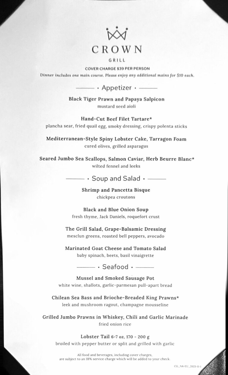 Princess Cruises Crown Grill Menu & Review - Cruise Gear