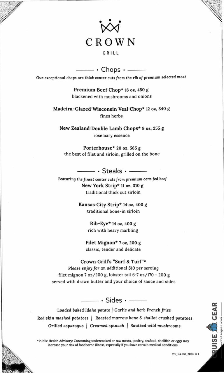 Princess Cruises Crown Grill Menu & Review - Cruise Gear